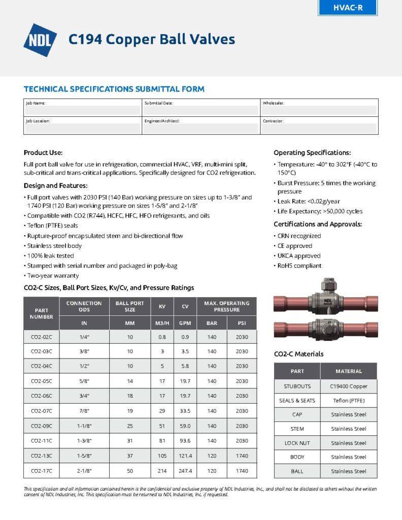 C194 Copper Ball Valves Technical Specifications Submittal Form | NDL Industries