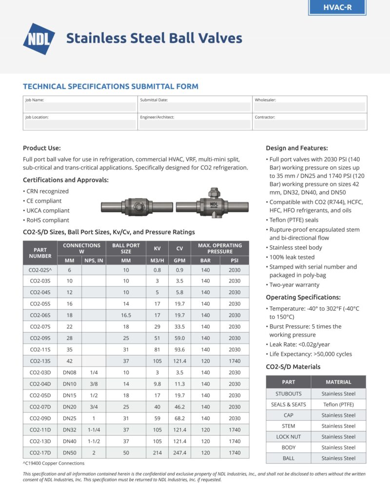 Stainless Steel Ball Valves Technical Specifications Submittal Form ...