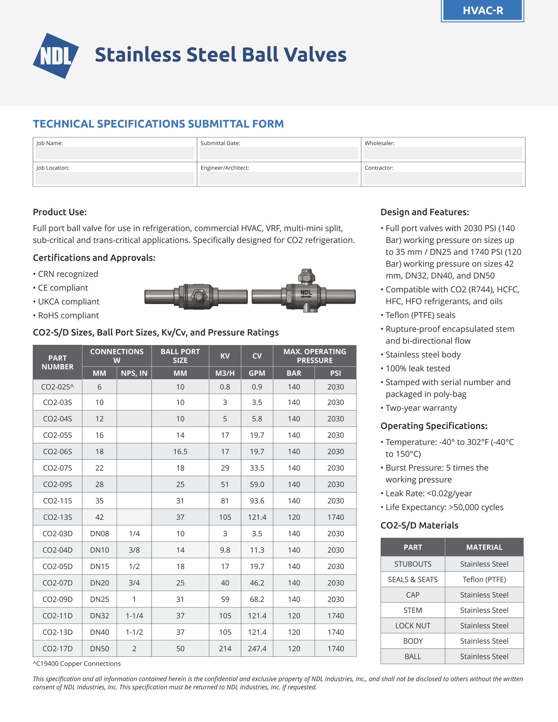 Stainless Steel Ball Valves Technical Specifications Submittal Form ...