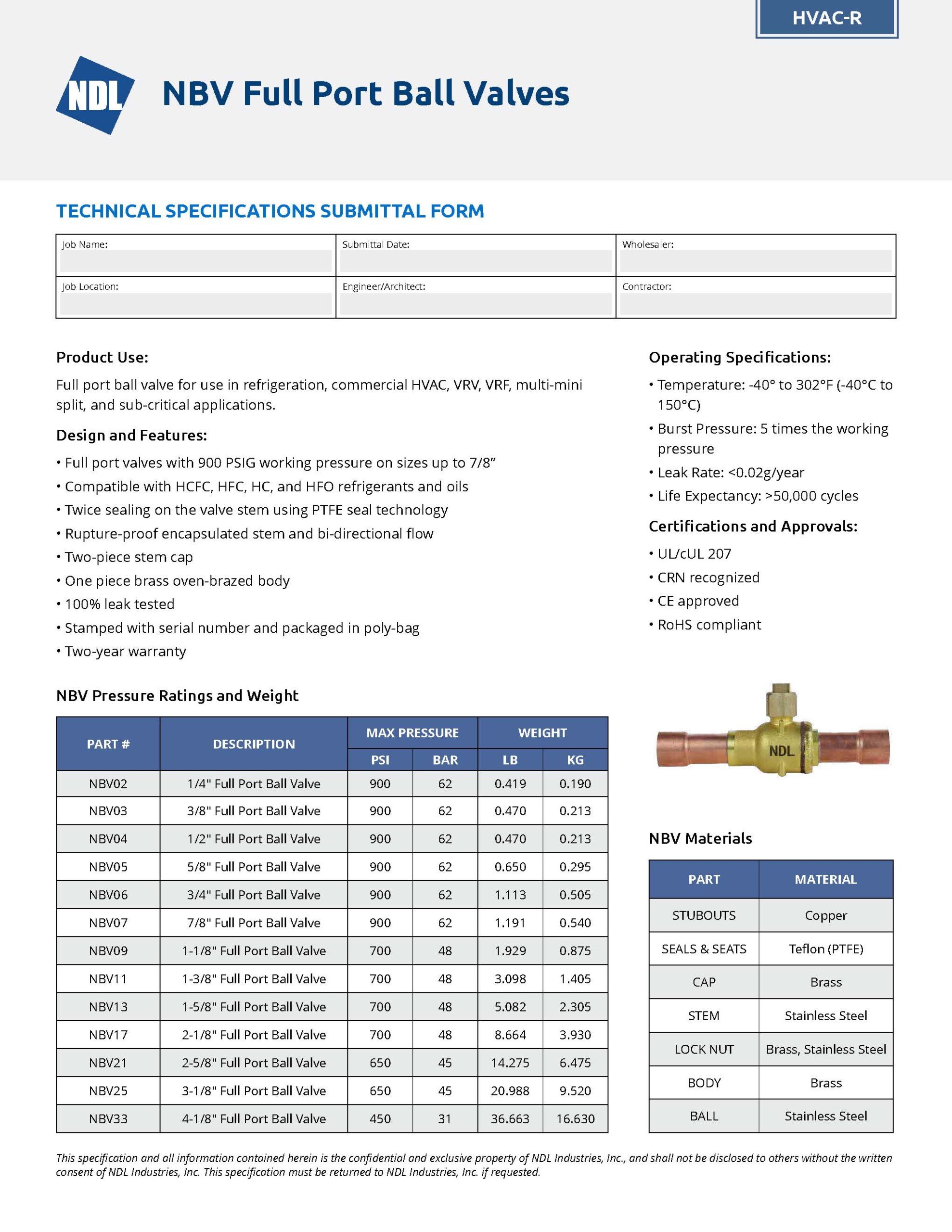 NBV Valves Technical Specifications Submittal form_Page_1 | NDL Industries