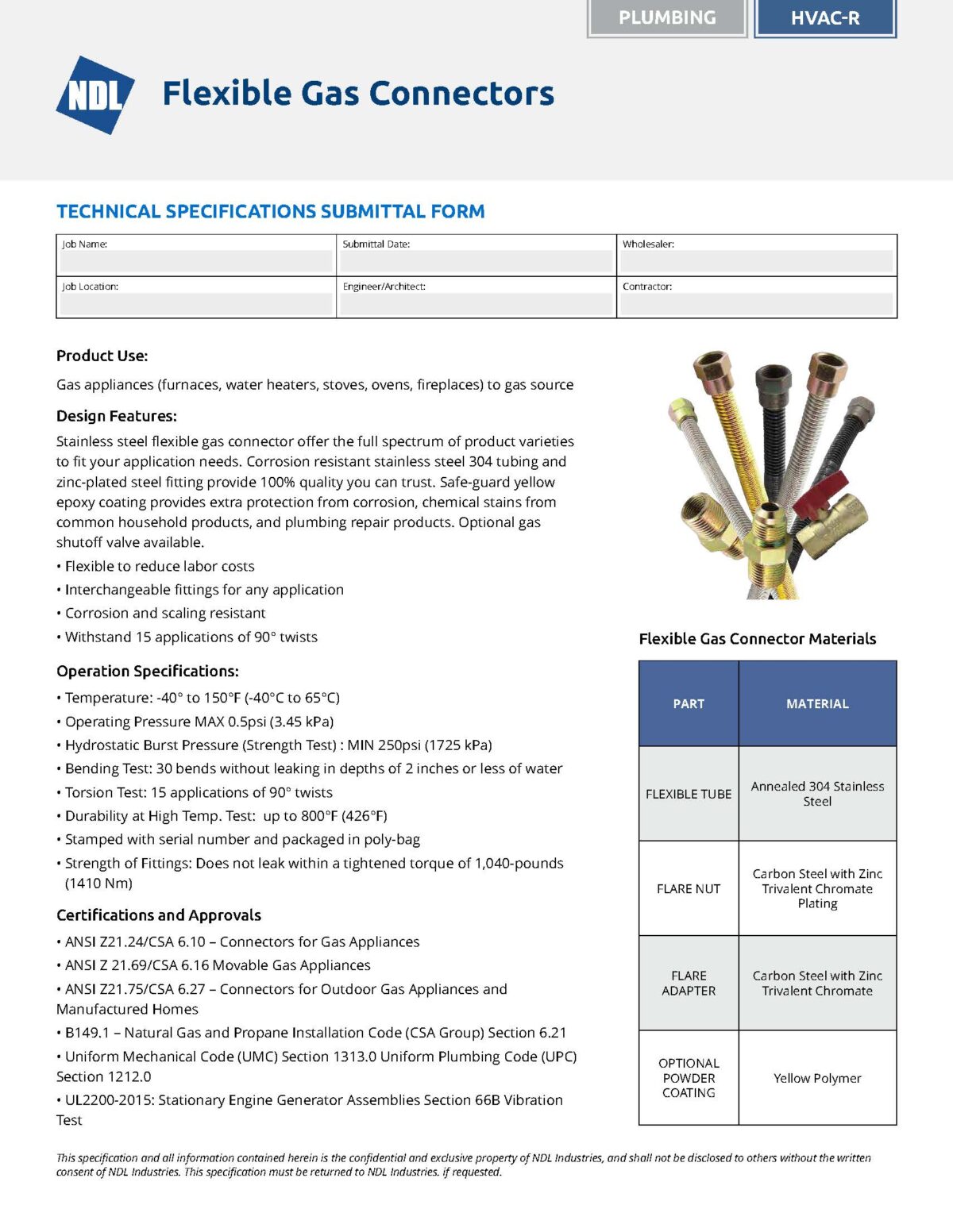 Flexible Gas Connector Technical Submittal Sheet – Cover_Page_1 | NDL ...