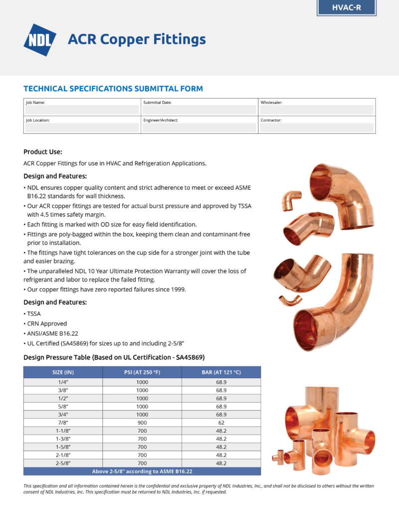 ACR Copper Fittings Tech Submittal Sheet | NDL Industries