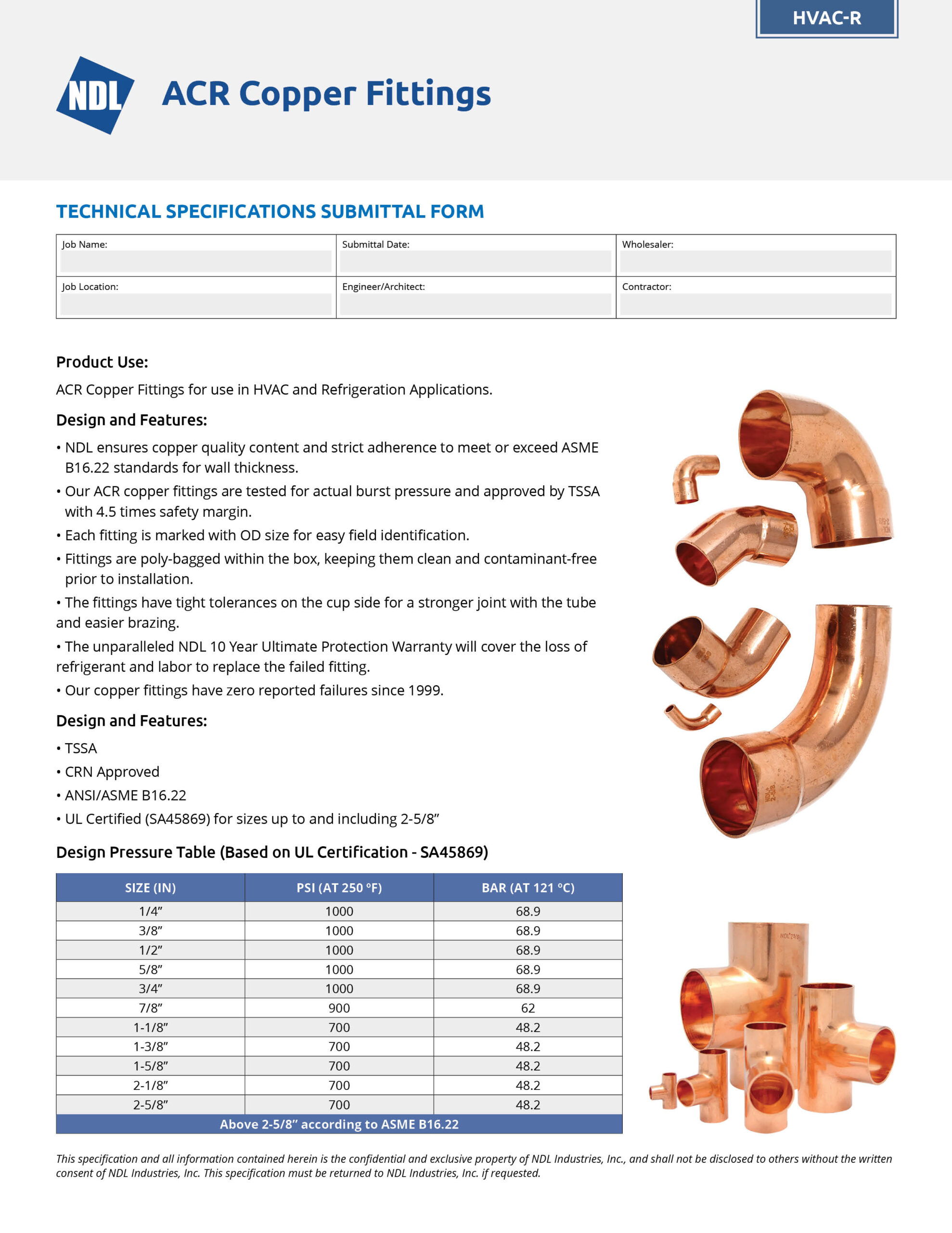 ACR Copper Fittings Tech Submittal Sheet | NDL Industries