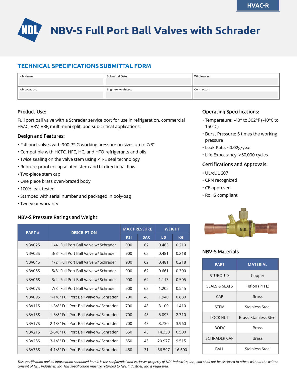 NBV-S Technical Specifications Submittal Form | NDL Industries
