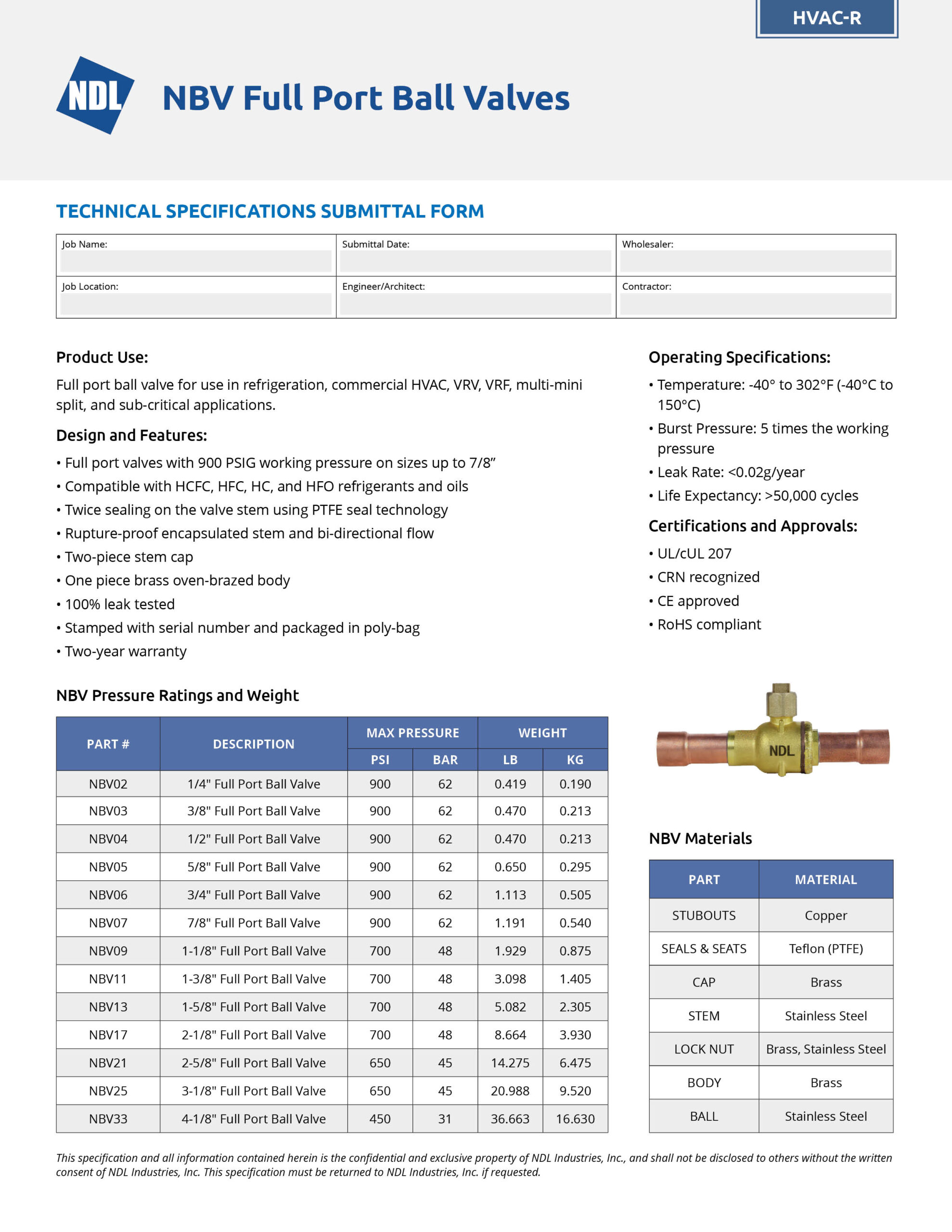 NBV Valves Technical Specifications Submittal form | NDL Industries