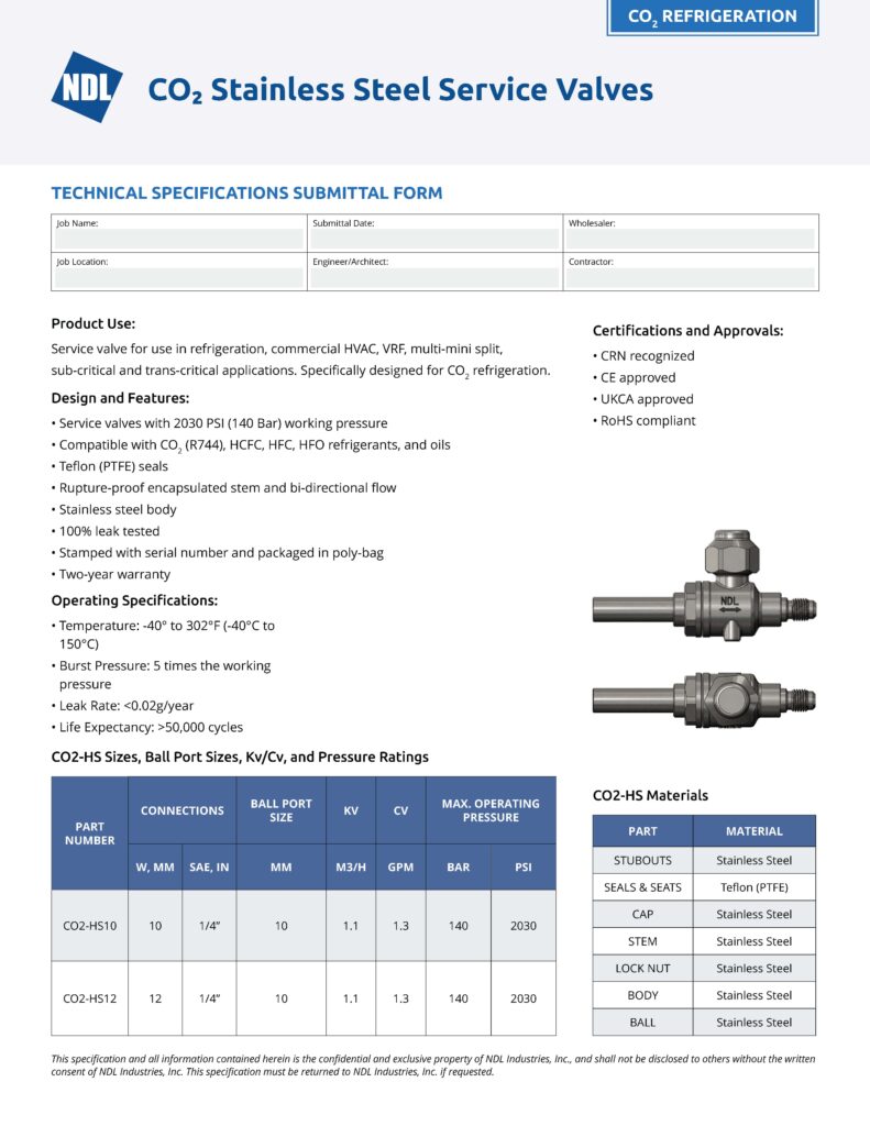 Stainless Steel Service Valves Technical Specifications Submittal Form ...