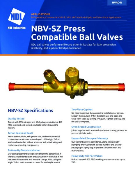 NBV-SZ Ball Valve Information Sheet | NDL Industries
