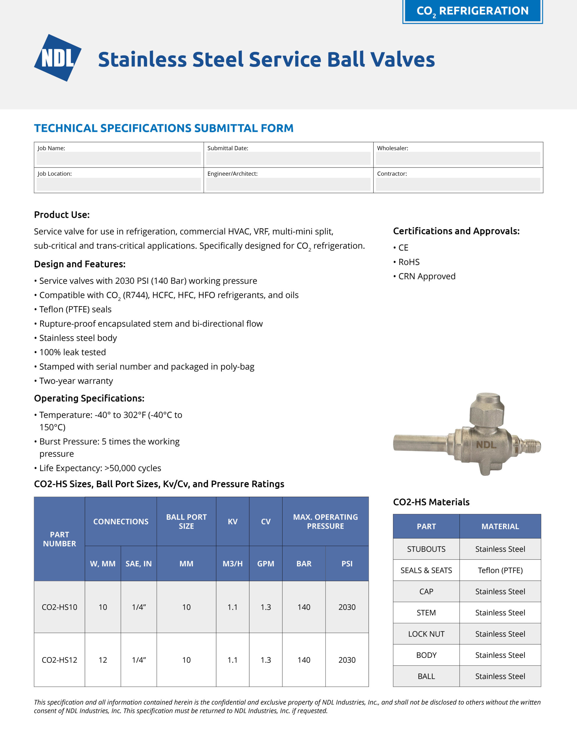 Hybrid Service Valves Technical Specifications Submittal form | NDL ...