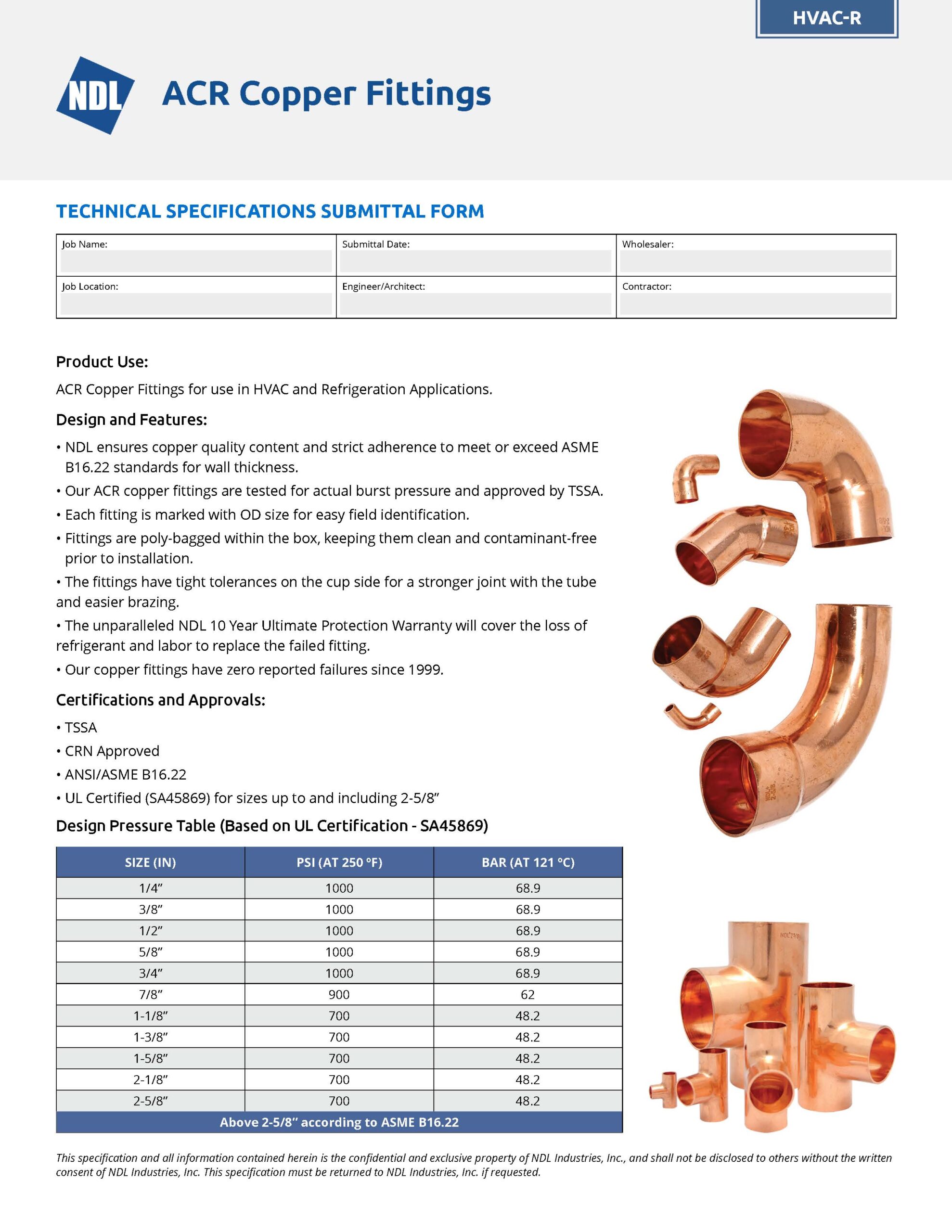 ACR Copper Fittings Technical Submittal Form | NDL Industries