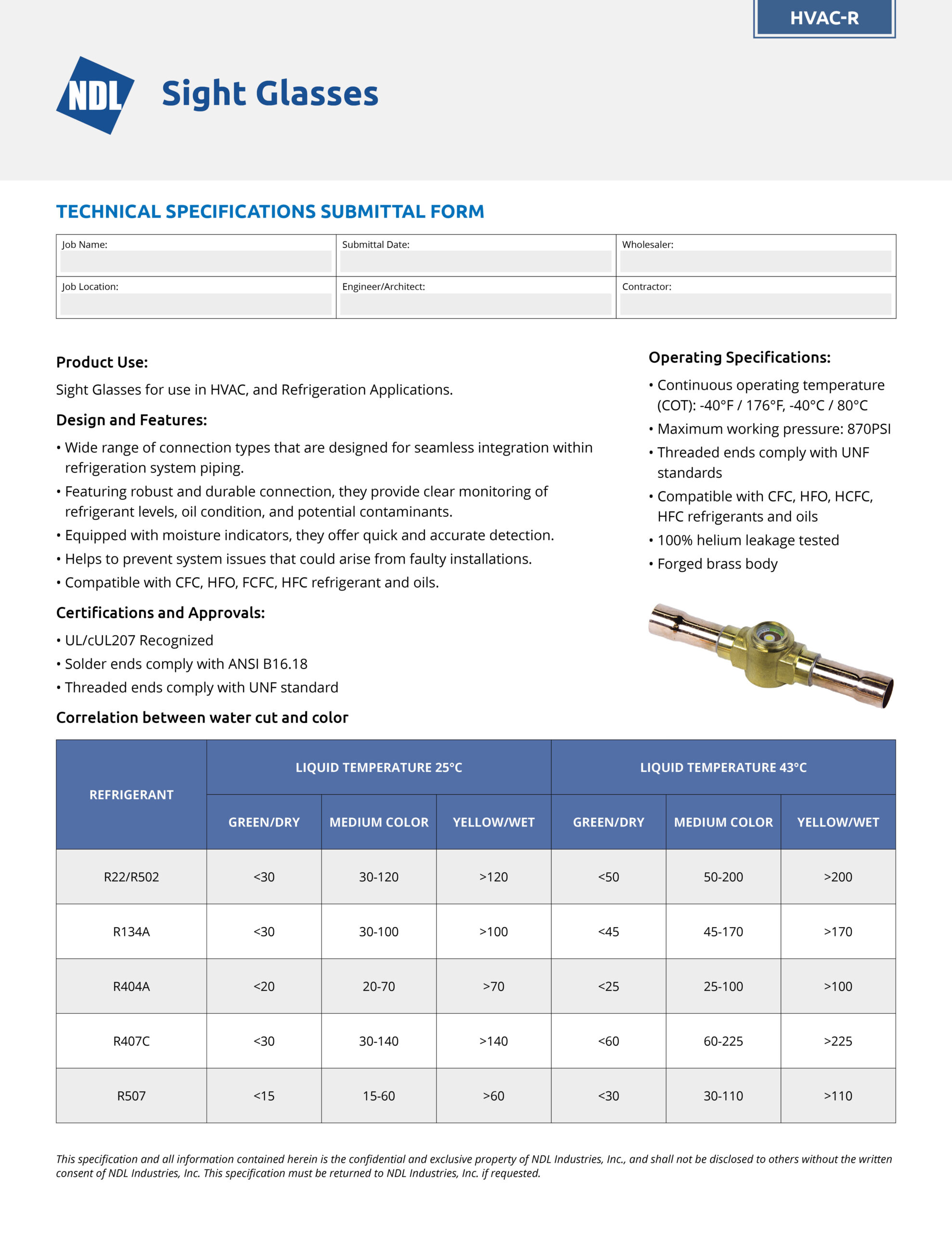 Sight Glasses Technical Specification Sheet | NDL Industries