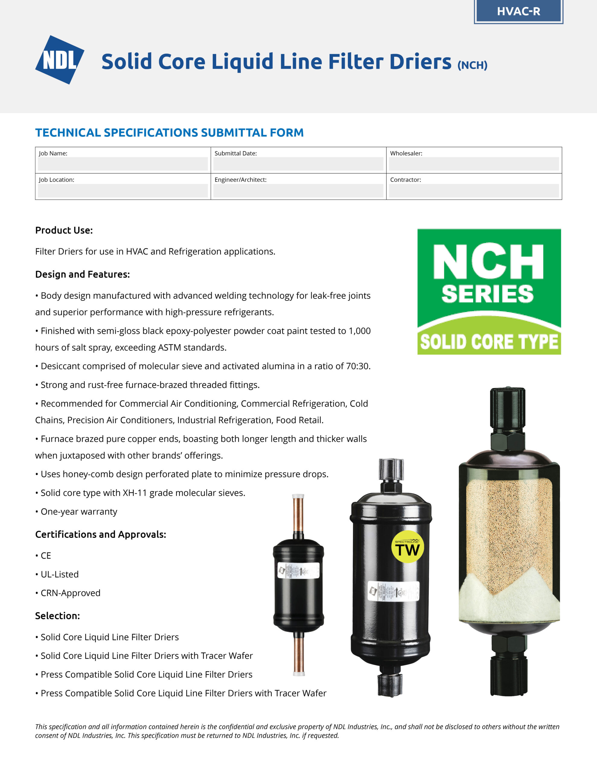 NCH Filter Drier Technical Specifications Submittal form | NDL Industries
