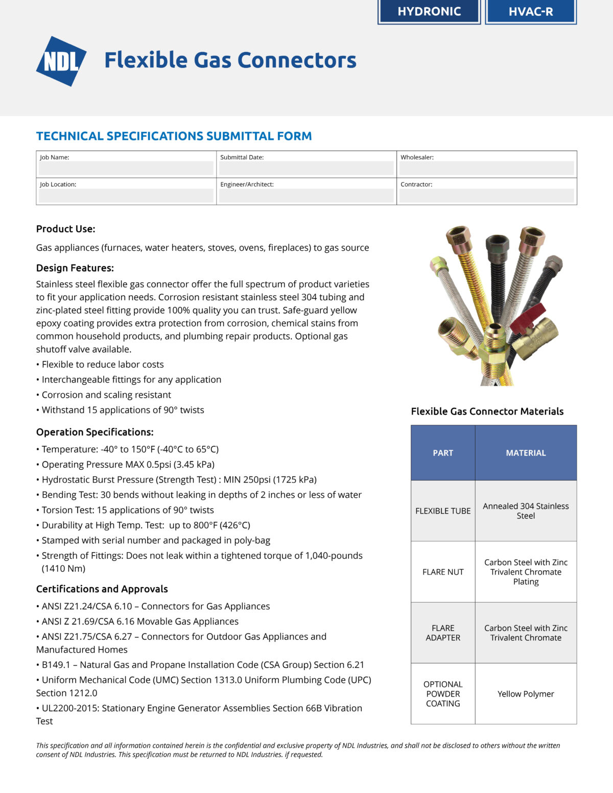 Flexible Gas Connector Technical Submittal Sheet | NDL Industries