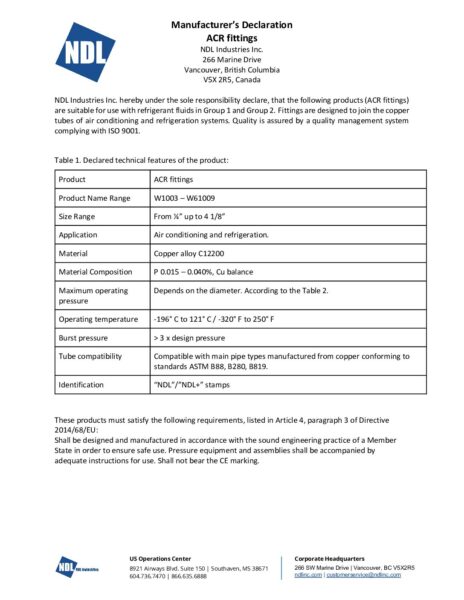 Manufacturers Declaration – ACR fittings | NDL Industries